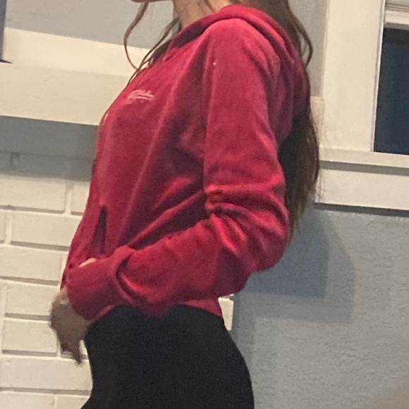 Guess | Sweaters | Vintage Guess Velvet Velour Red Hoodie Sweater Zip ...